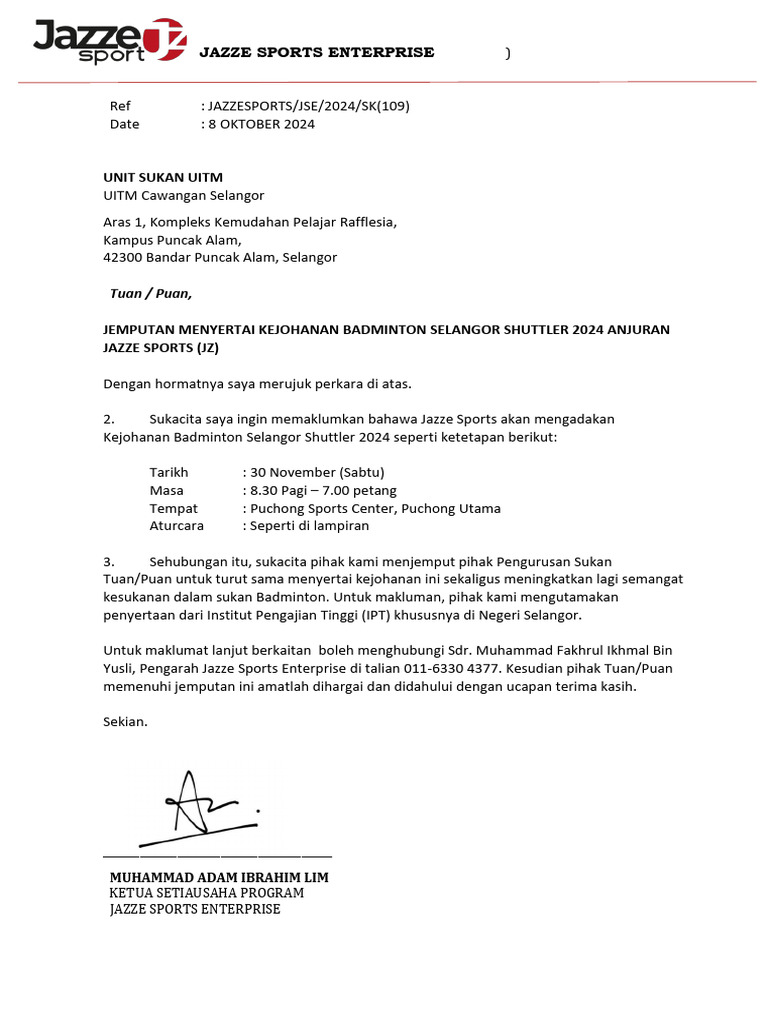 (Uitm Puncak Alam) Surat Jemputan Menyertai Selangor Shuttler 2024 | PDF