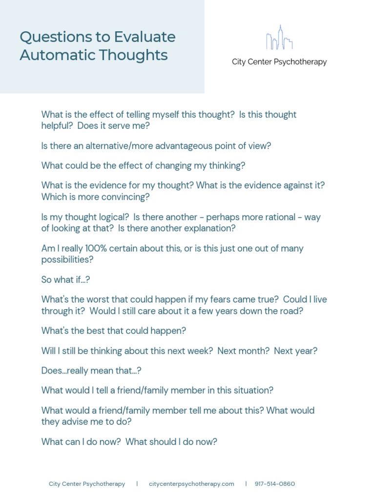 Questions to Evaluate Automatic Thoughts | PDF