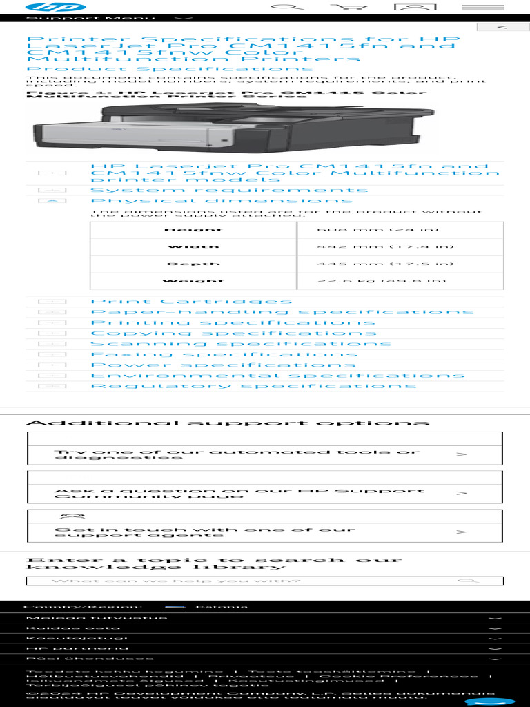 Printer Specifications for HP LaserJet Pro CM1415fn and CM1415fnw Color ...