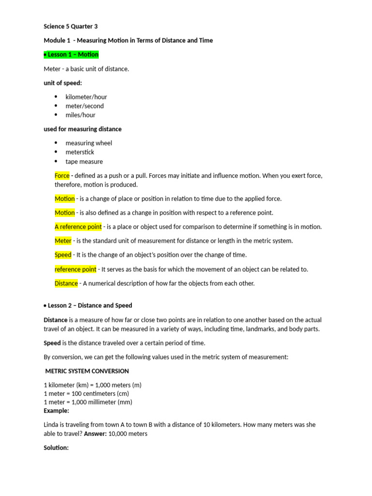 Science 5 Module 1 Quarter 3 | PDF | Speed | Metre