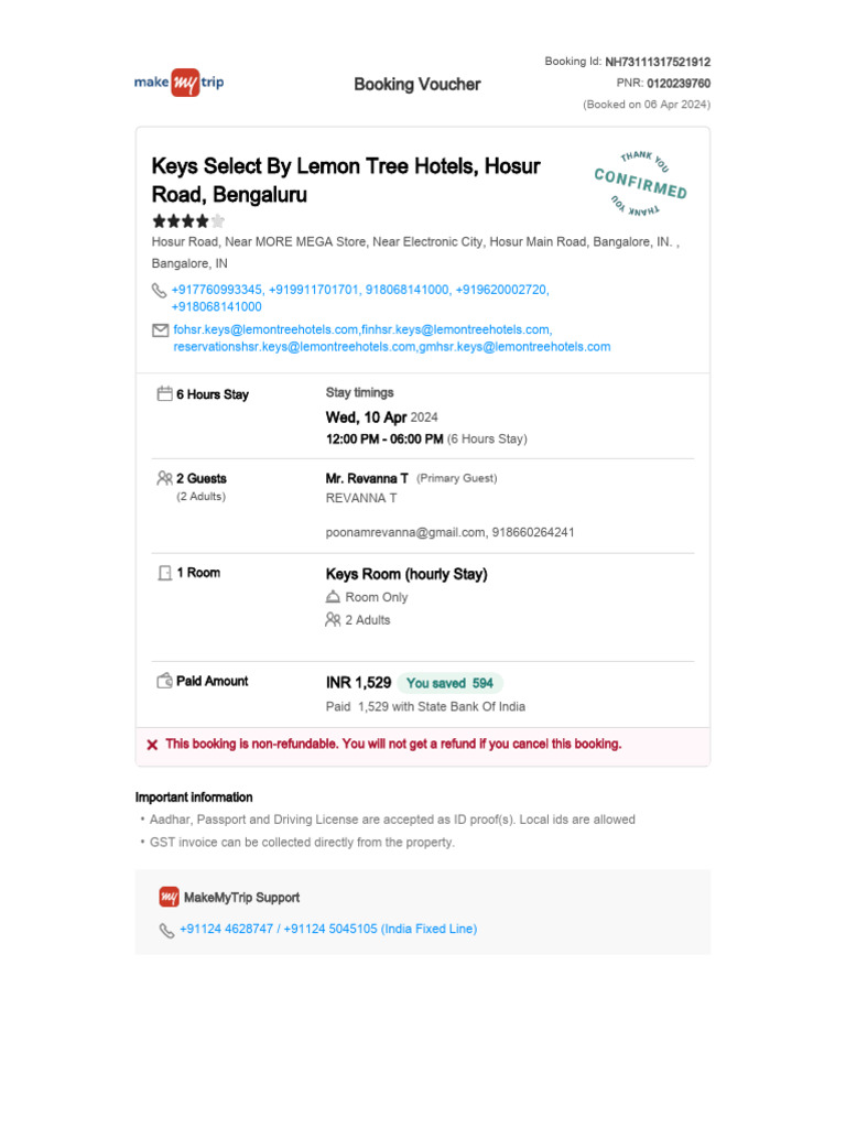 GST Invoice for Lemon Tree Hotel Stay | PDF
