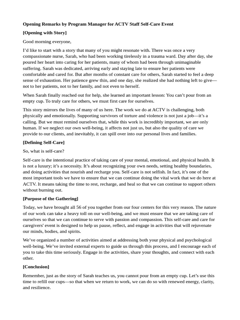 Care For Care Opening Remarl | PDF | Health Care | Psychology