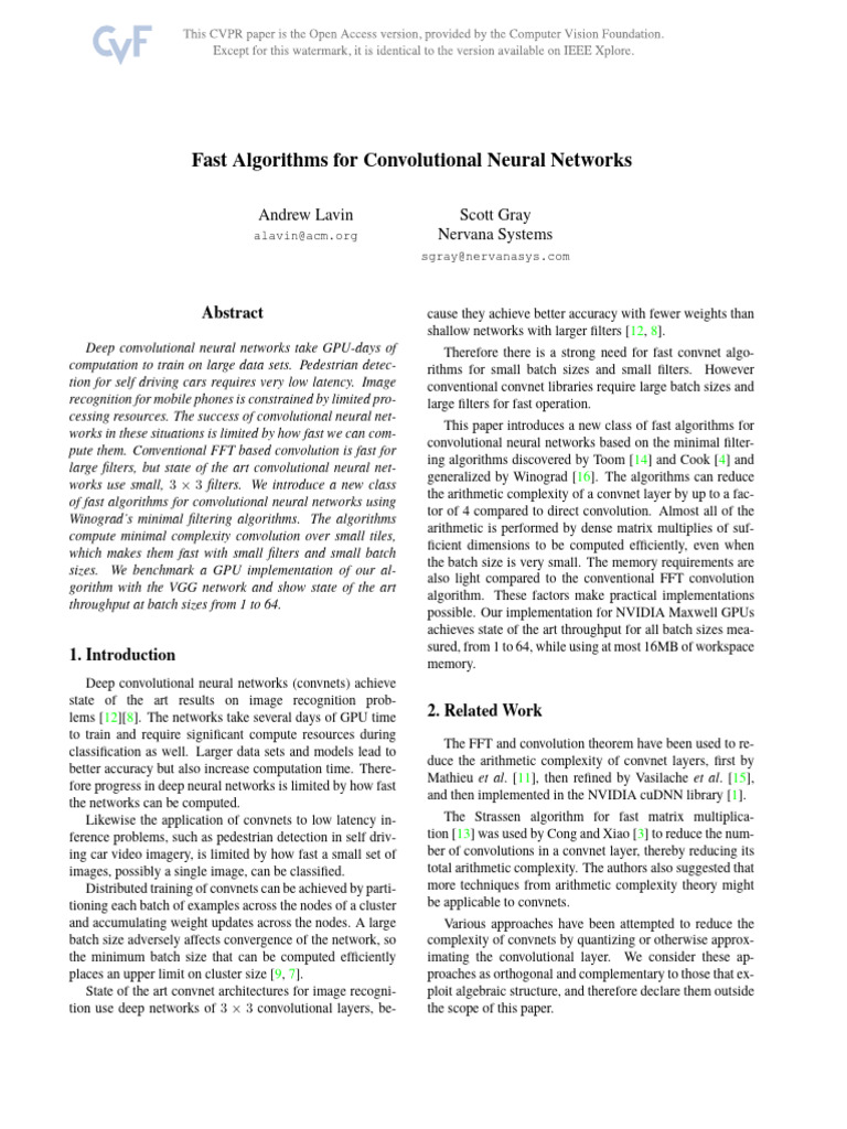 Lavin Fast Algorithms For CVPR 2016 Paper | PDF | Fast Fourier Transform | Artificial Neural Network