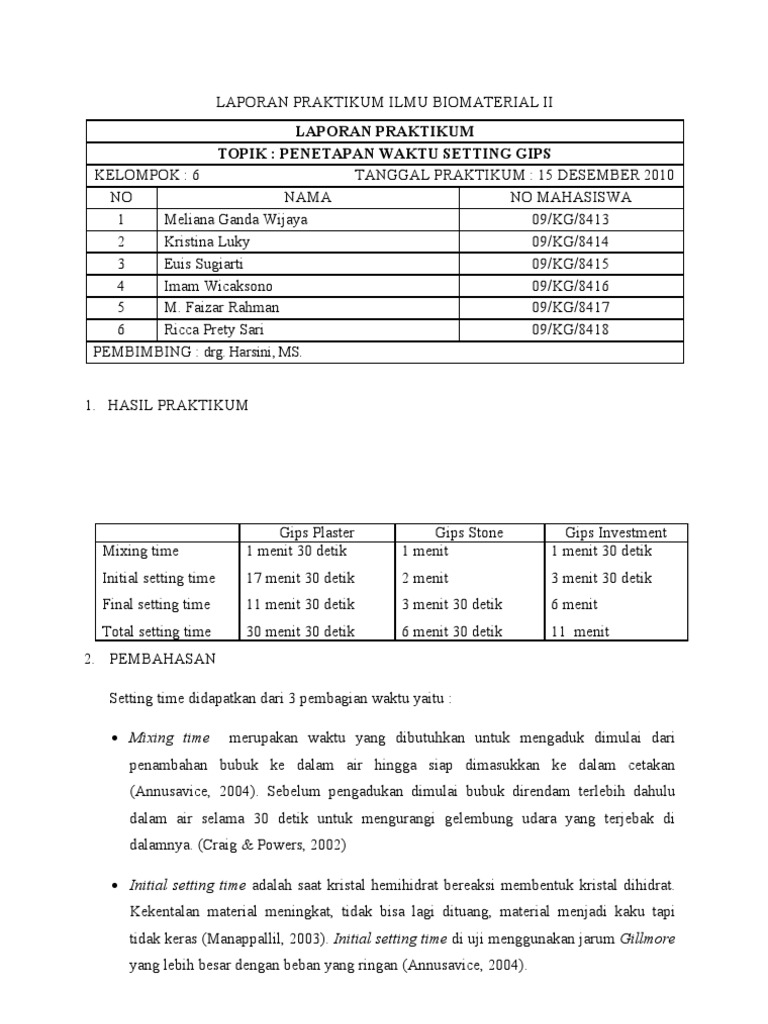 Penetapan Waktu Setting Gips | PDF | Teknologi & Rekayasa