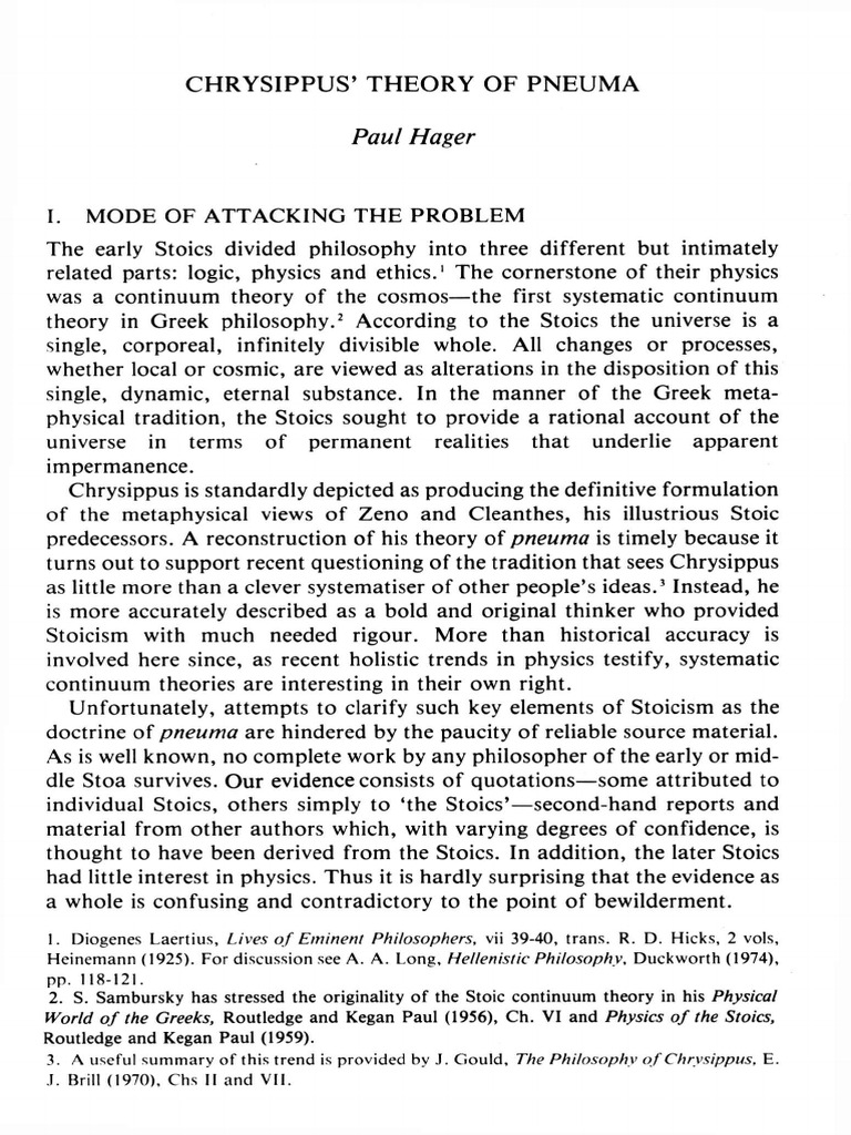 CHRYSIPPUS’ THEORY OF PNEUMA Paul Hager | PDF | Stoicism | Monism