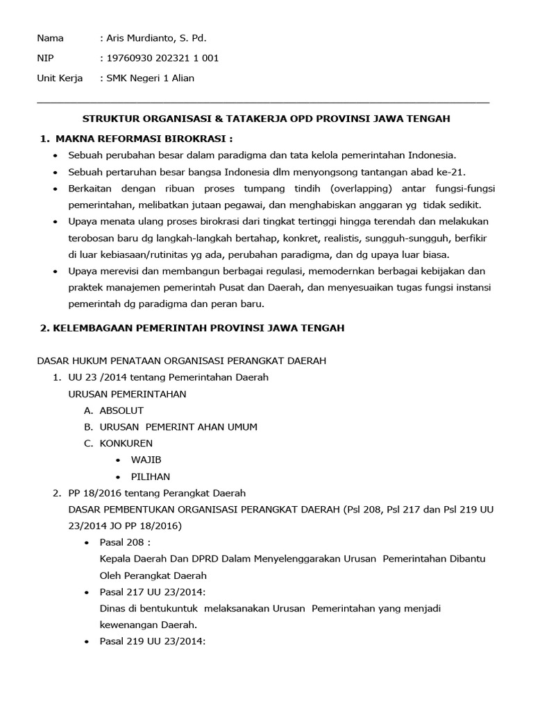 Tugas Resume, Struktur Org & Tata Kerja OPD Prov Jateng_Aris Murdianto, S.pd. | PDF