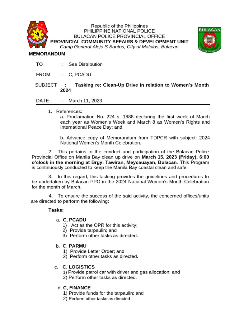 Tasking Re Clean-Up Drive in Relation To Women's Month 2024 | PDF