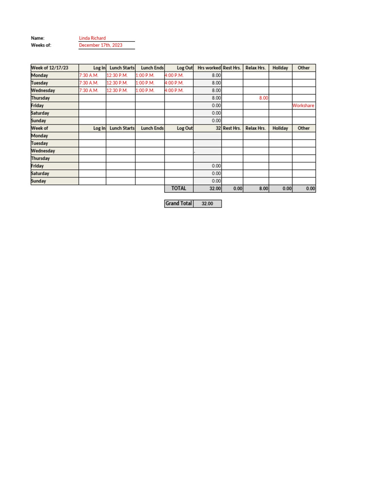 Weekly Work Hours Log for Linda Richard | PDF