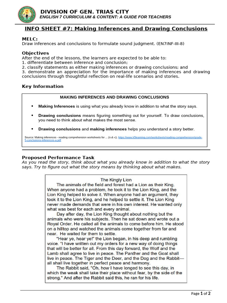 Inferences and Conclusions Guide for Teachers | PDF | Cognitive Science ...