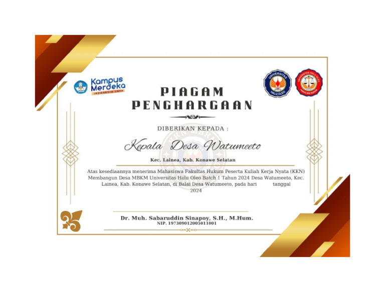 (DRAFT DPL) PIAGAM PENGHARGAAN PENYAMBUTAN KKN MBKM DESA WATUMEETO | PDF (DRAFT DPL) PIAGAM PENGHARGAAN PENYAMBUTAN KKN MBKM DESA WATUMEETO | PDF