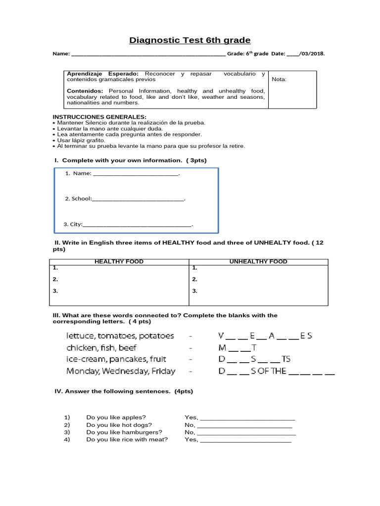 Diagnostic Test 6th Grade | PDF