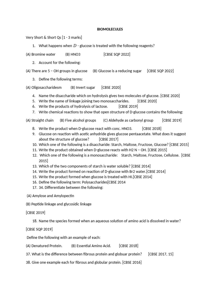 biomolecules worksheet | PDF | Glucose | Carbohydrate Chemistry