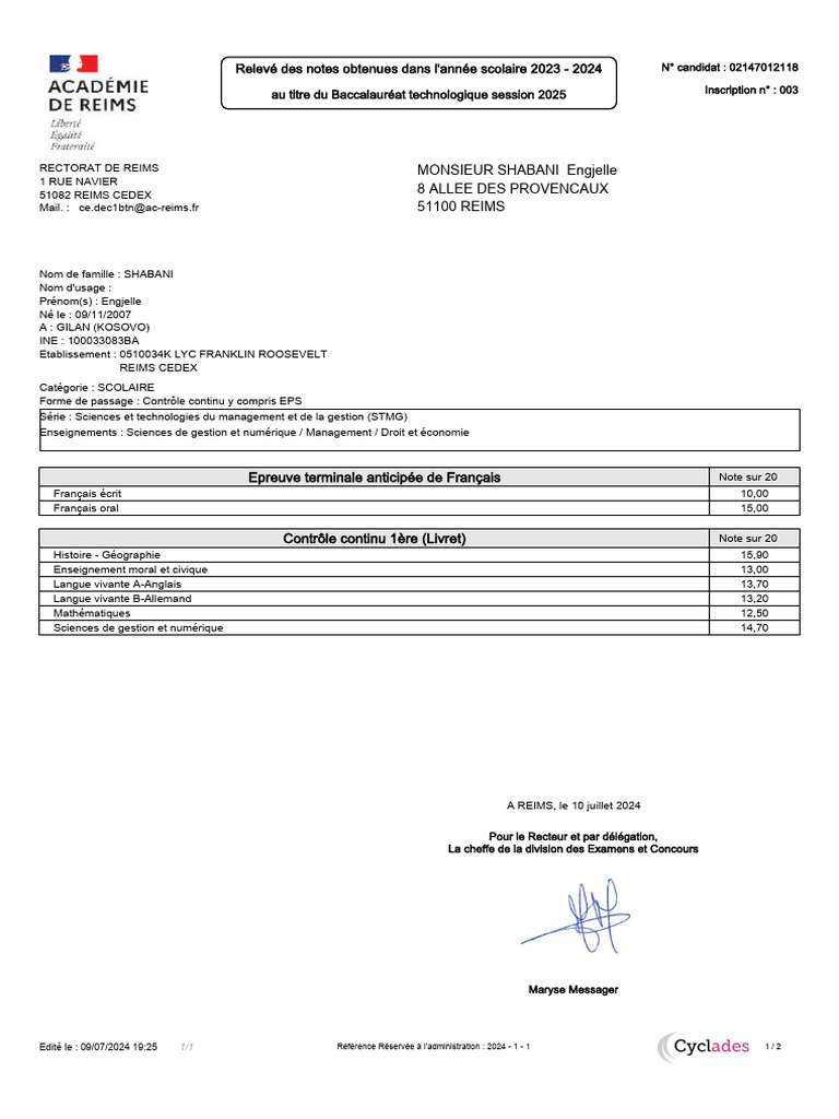 Relevé de notes Baccalauréat STMG 2024 | PDF | Science