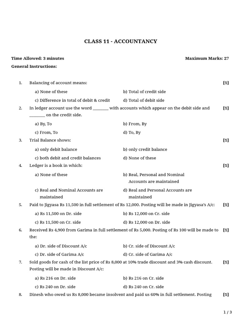 Class 11 Ledger Practice Questions | PDF | Debits And Credits | Money