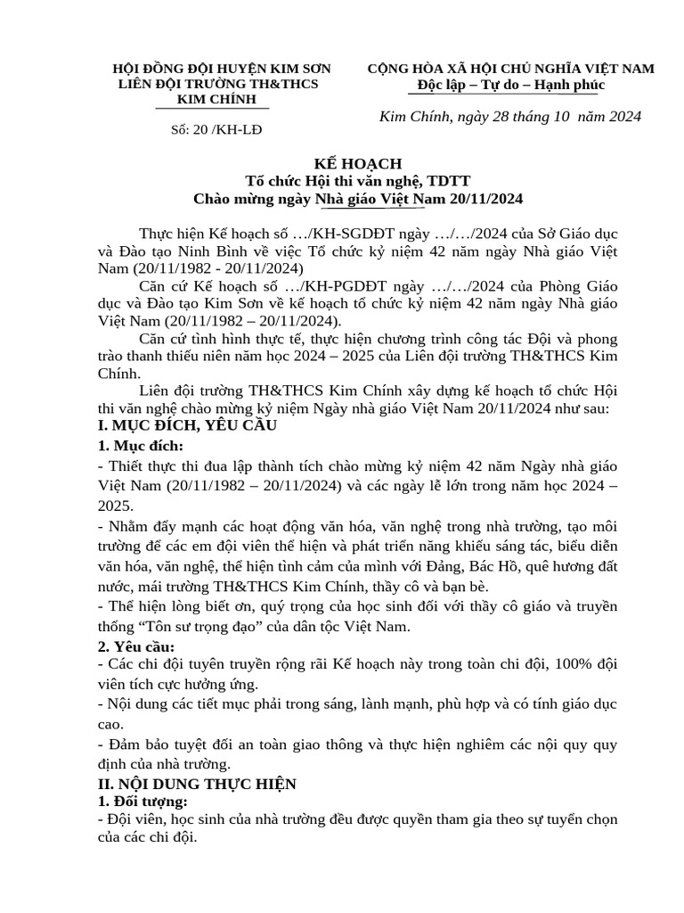 Ke Hoach To Chuc 20-11-2024 (Du Kien) . | PDF