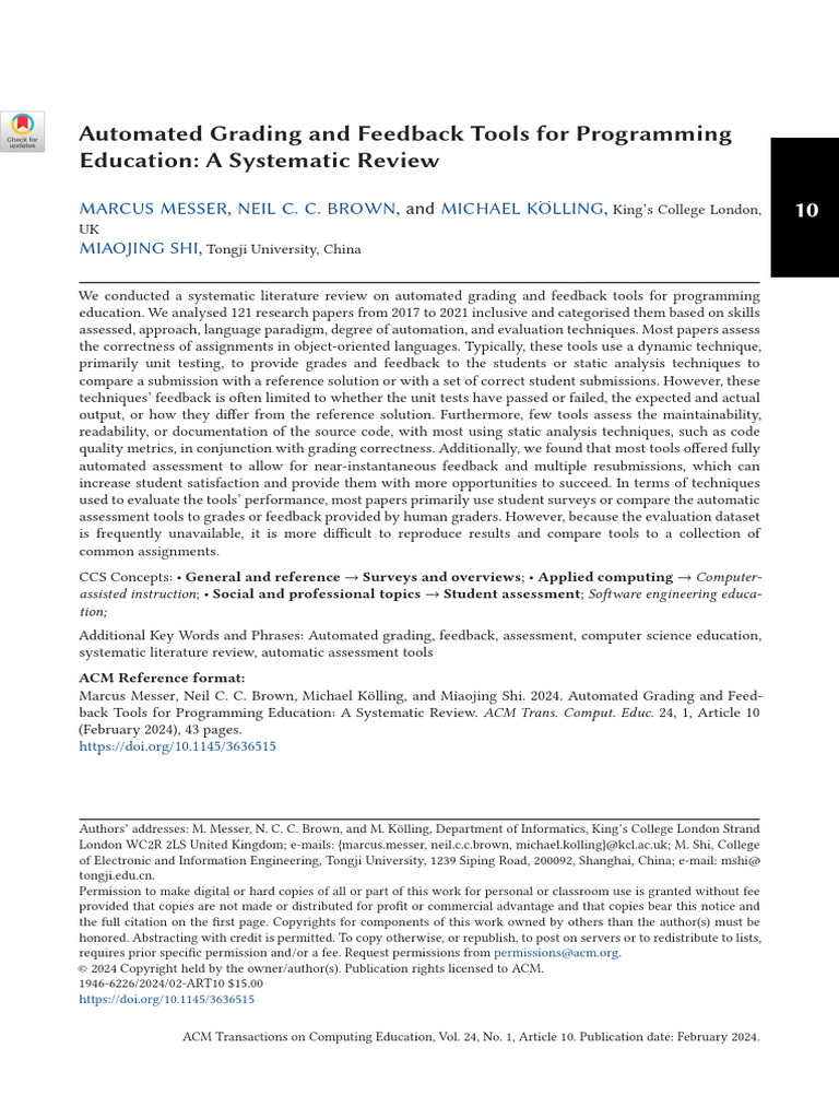 Automated Grading and Feedback Tools For Programming Education: A Systematic Review | PDF ...