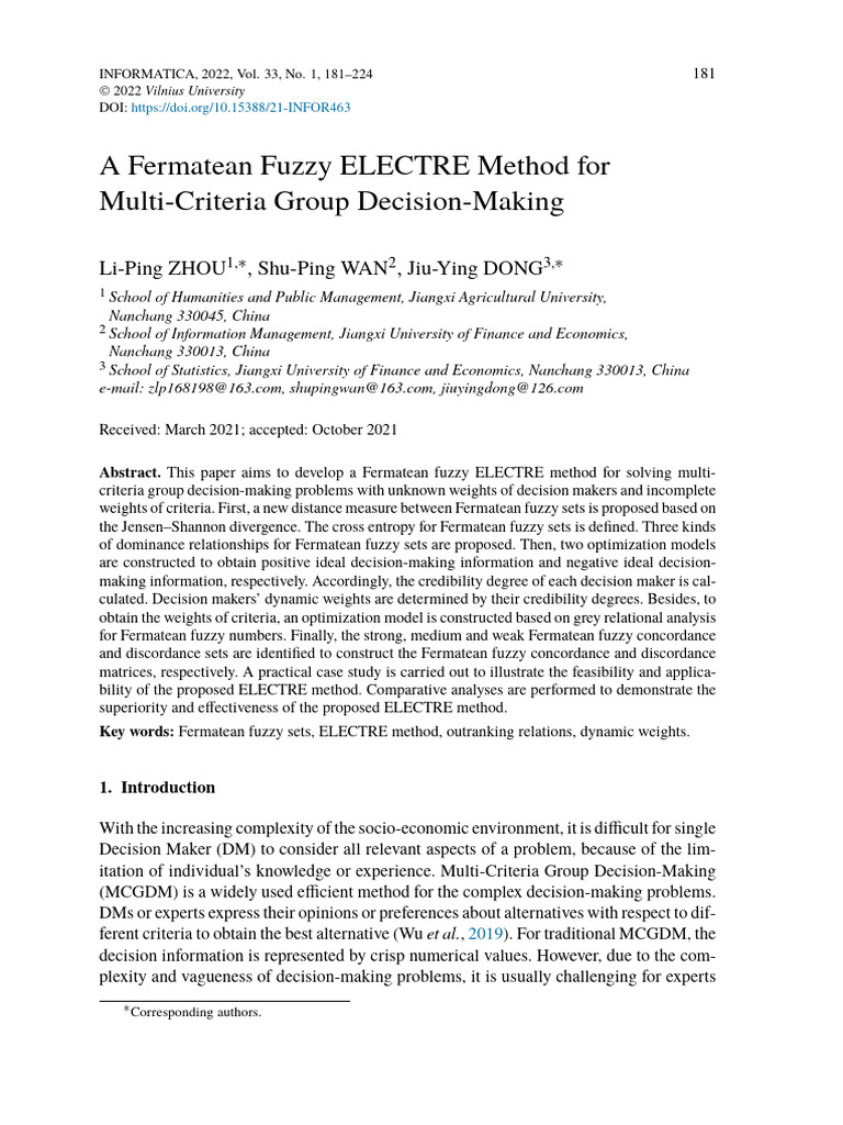 A Fermatean Fuzzy ELECTRE Method For | PDF | Fuzzy Logic | Mathematics