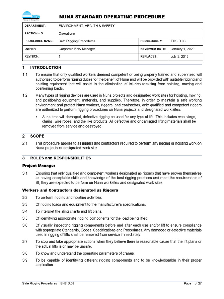 EHSD.06SafeRiggingProcedurev - Jan 20 | PDF | Rope | Crane (Machine)