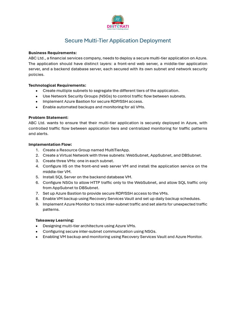 Azure Case Study 3 - Secure Multi-Tier Application Deployment | PDF