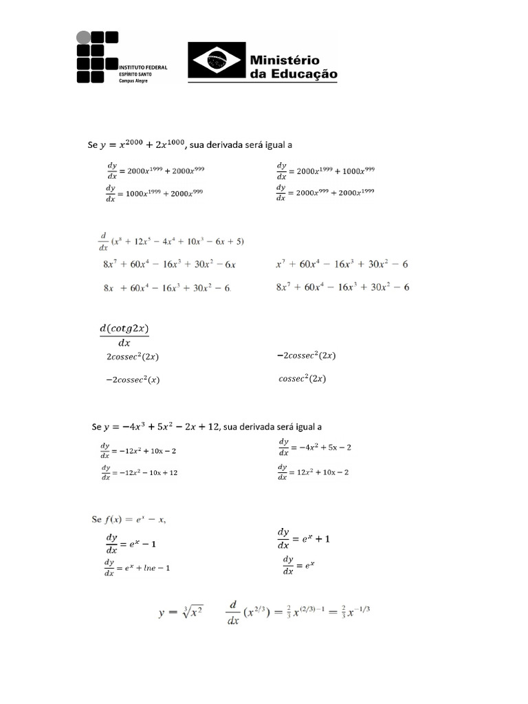 Exercícios de Derivadas: Lista Avaliativa | PDF