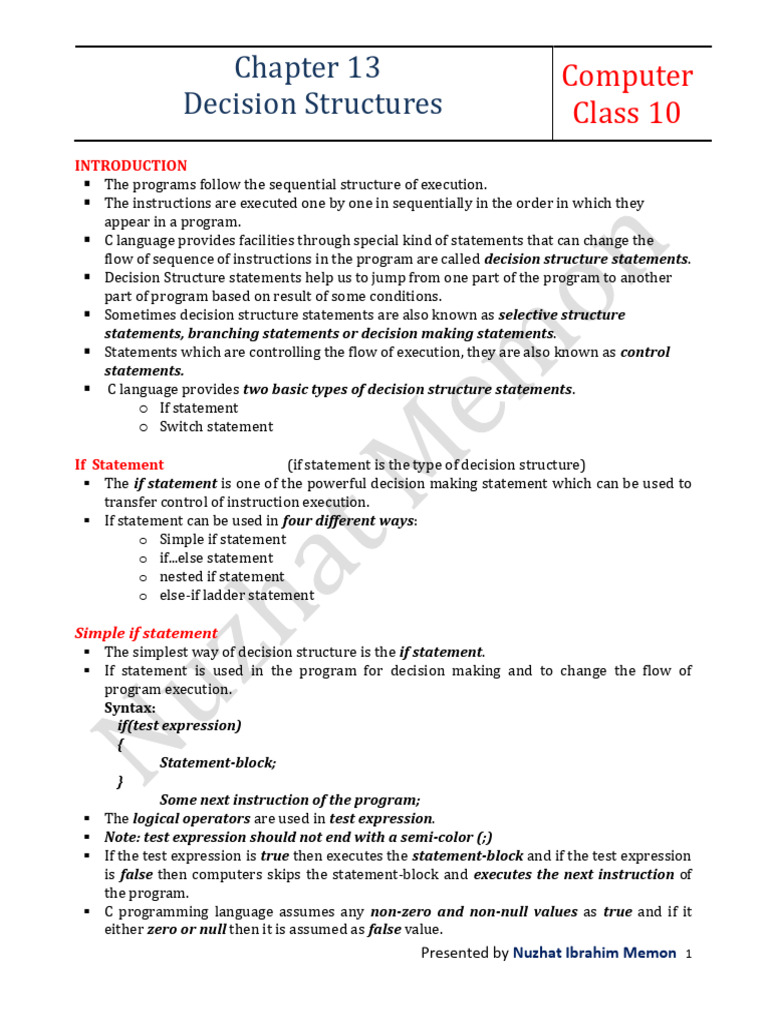Std 10 Computer Chapter 13 Decision Structures Pdf Computer Program Programming