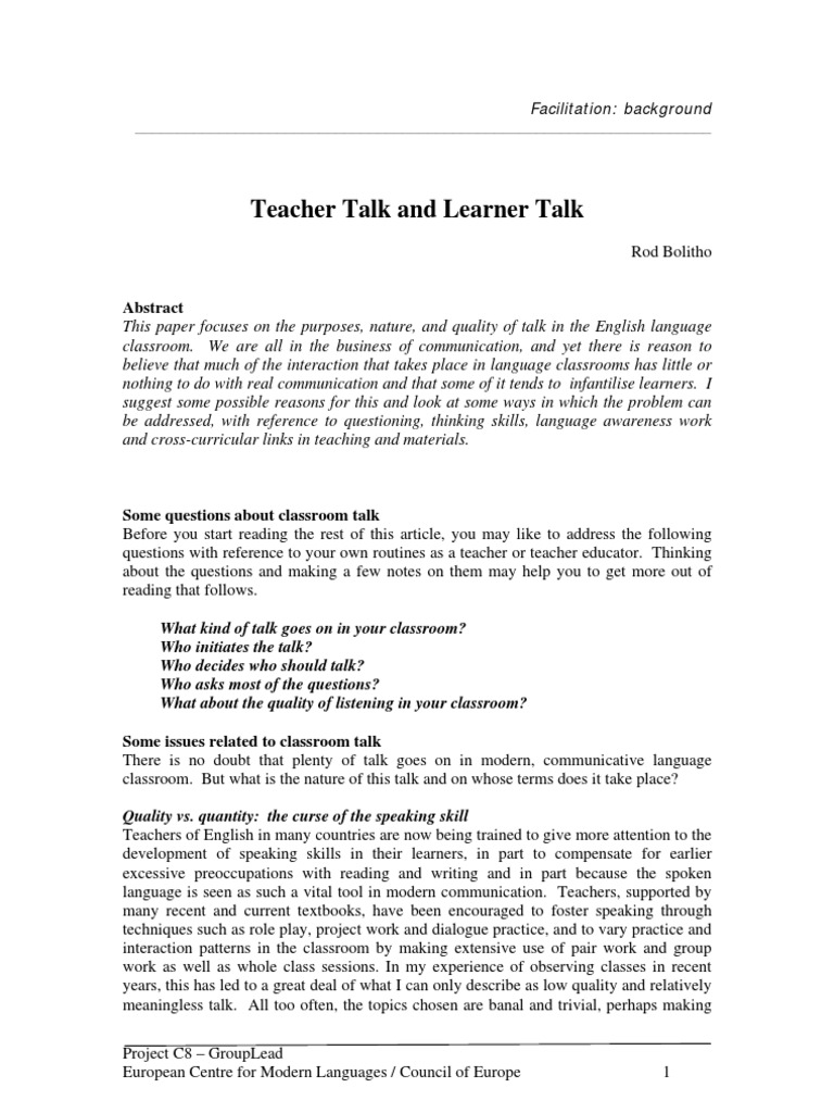 Teacher Talk and Learner Talk | PDF | Classroom | Teachers