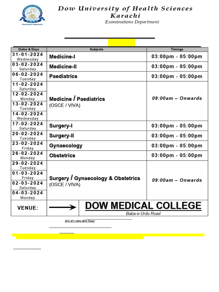 MBBS Final Year Exam Schedule 2024 | PDF
