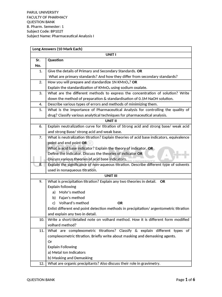 BP102T - Pharmaceutical Analysis-I | PDF | Titration | Chemistry