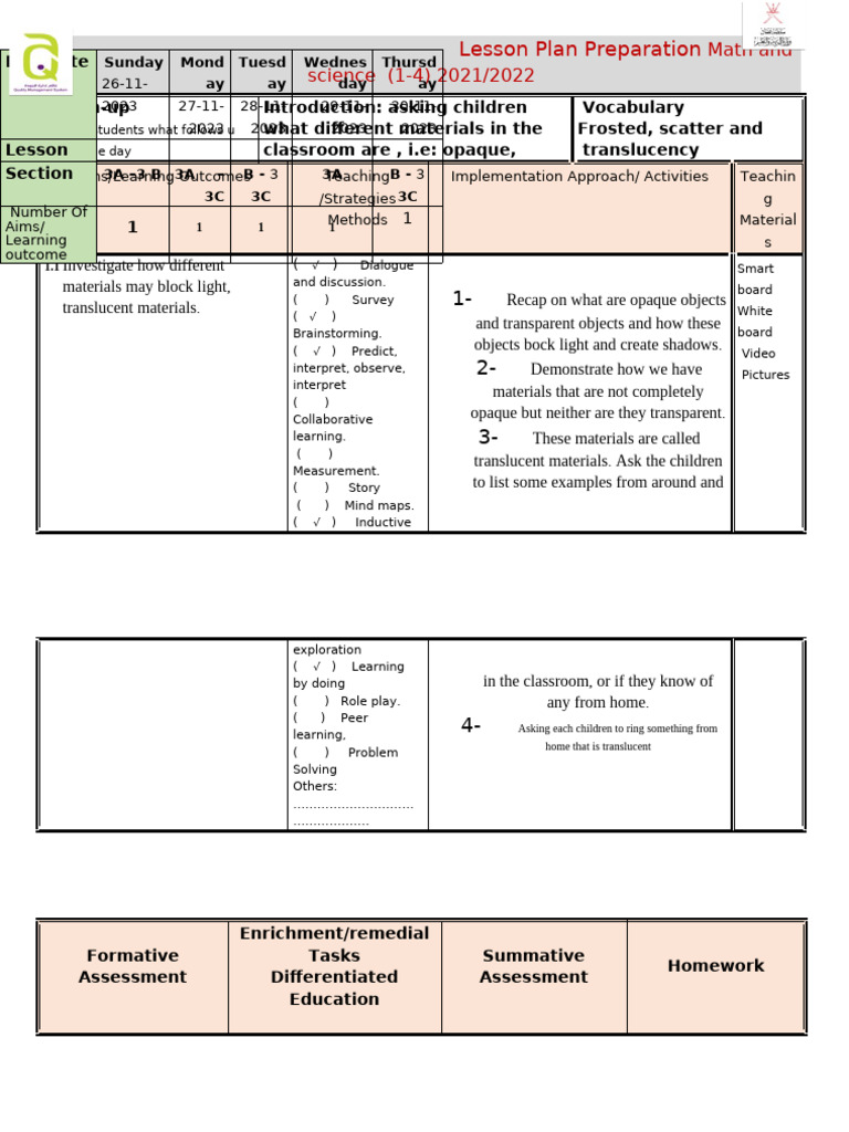 lesson plan for science first term g 3 -14 foutheeth week from 26-11 ...