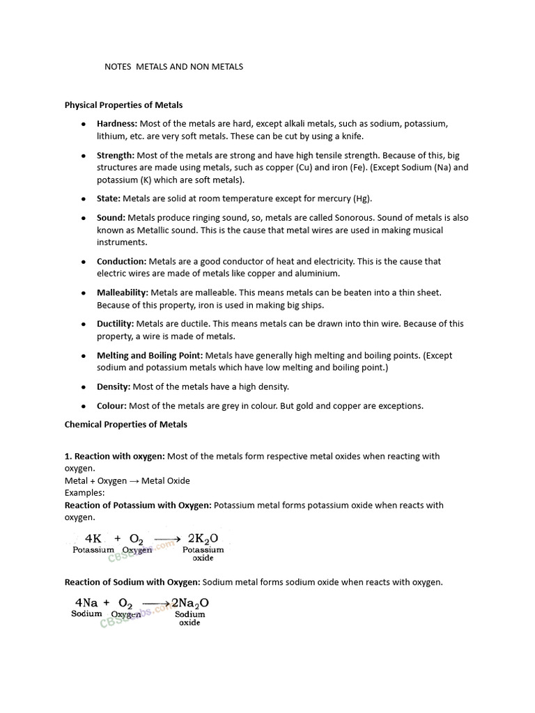 Notes Metals and Non Metals | PDF | Ion | Chemical Compounds