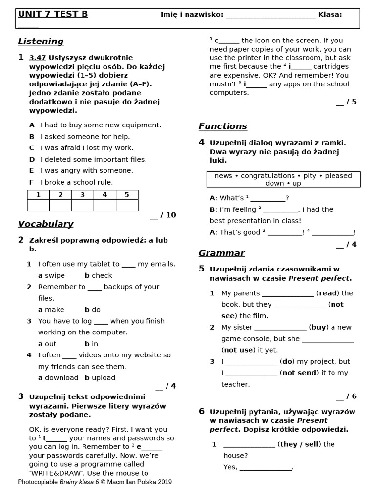 Brainy kl6 Unit Test 7 B | PDF