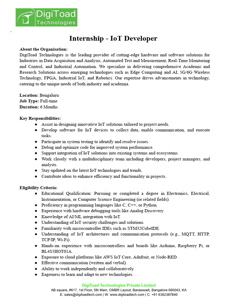JD_Internship - IoT Developer.docx | PDF | Internet Of Things | Artificial Intelligence