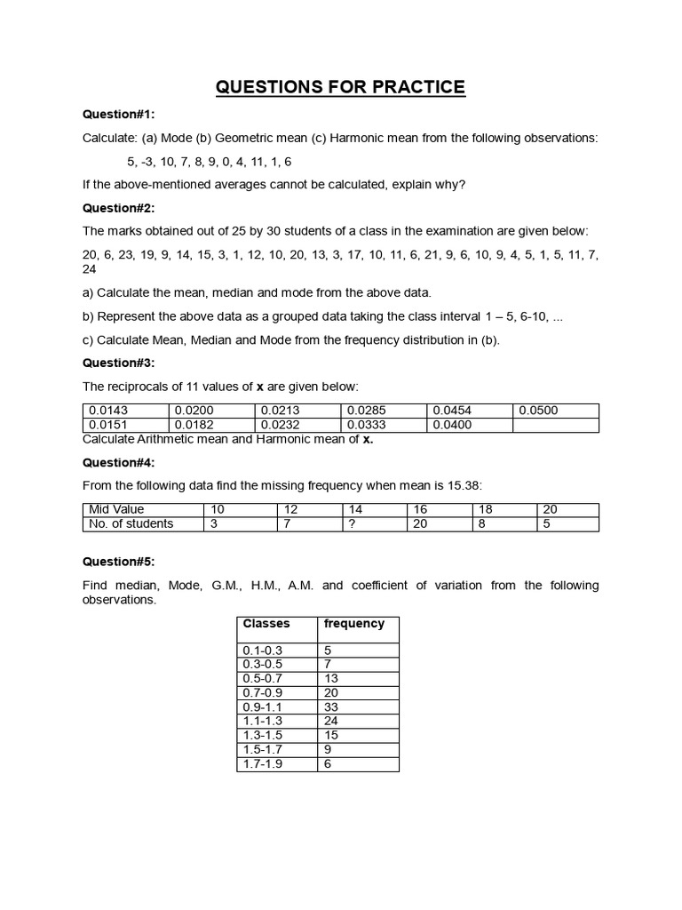 Questions for practice | PDF | Arithmetic Mean | Analysis
