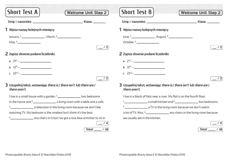 Brainy Kl6 Short Tests Welcome Unit Step 2 | PDF | Furniture ...