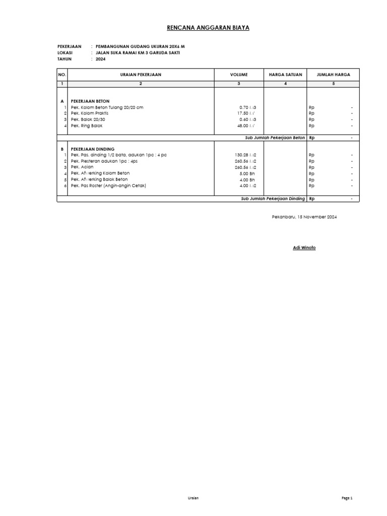 Rencana Anggaran Biaya Gudang 20x6 M | PDF