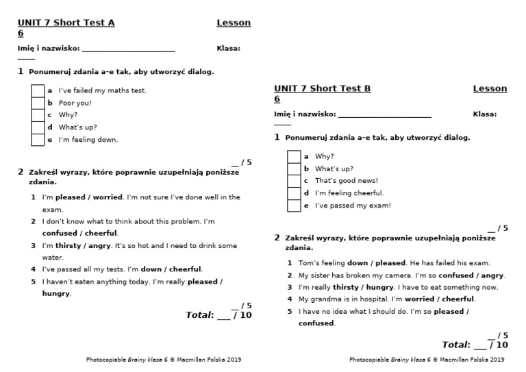 Brainy Kl6 Short Tests Unit 7 Lesson 6 | PDF