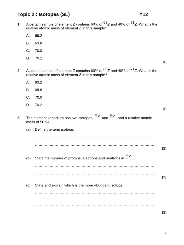 Topic2 Isotopes Questions | PDF | Isotope | Chemical Elements