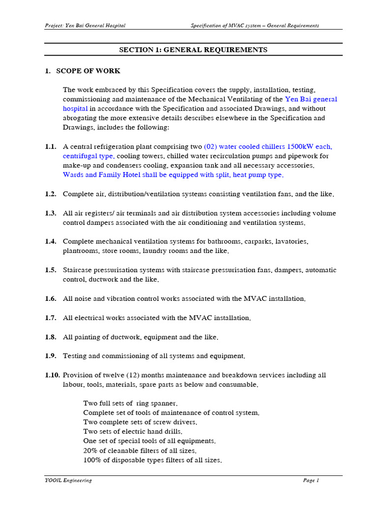 MVAC System Specs for Yen Bai Hospital | PDF | Duct (Flow ...