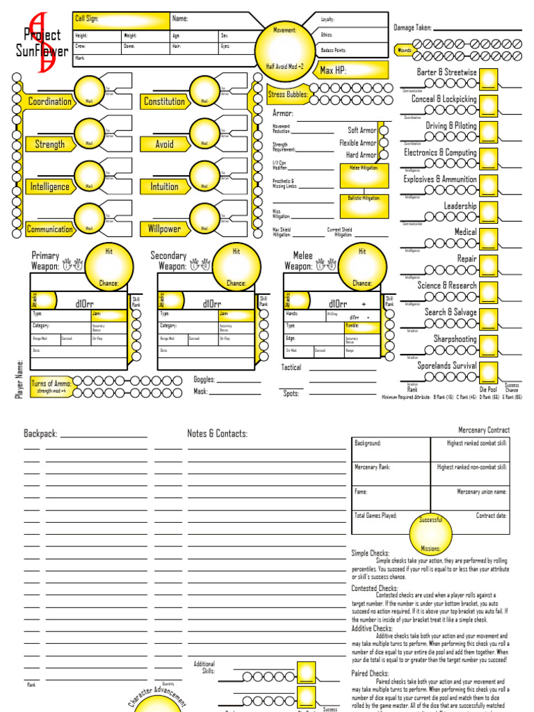 Project Sunflower - Character Sheet For Print | PDF