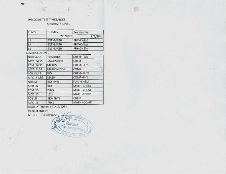 WELCOME TEST TIMETABLE | PDF