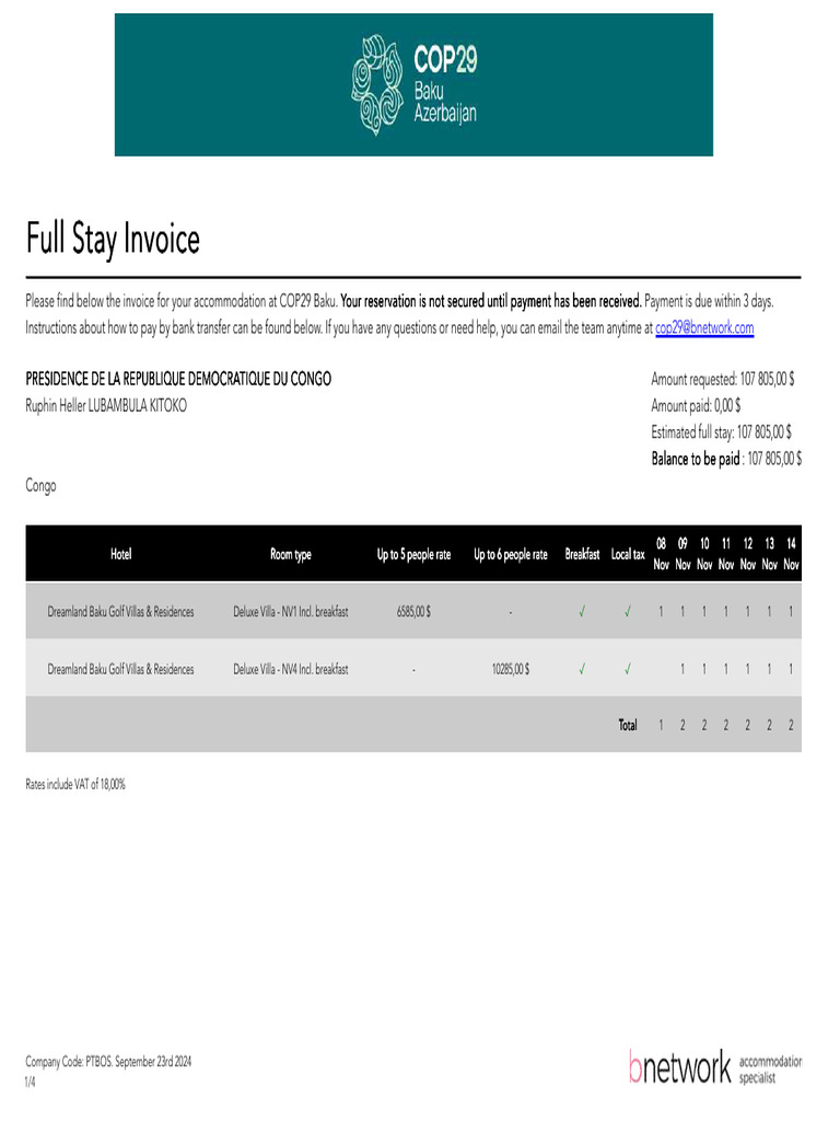 Full Stay Invoice (BT Only) | PDF | Fee | Wire Transfer