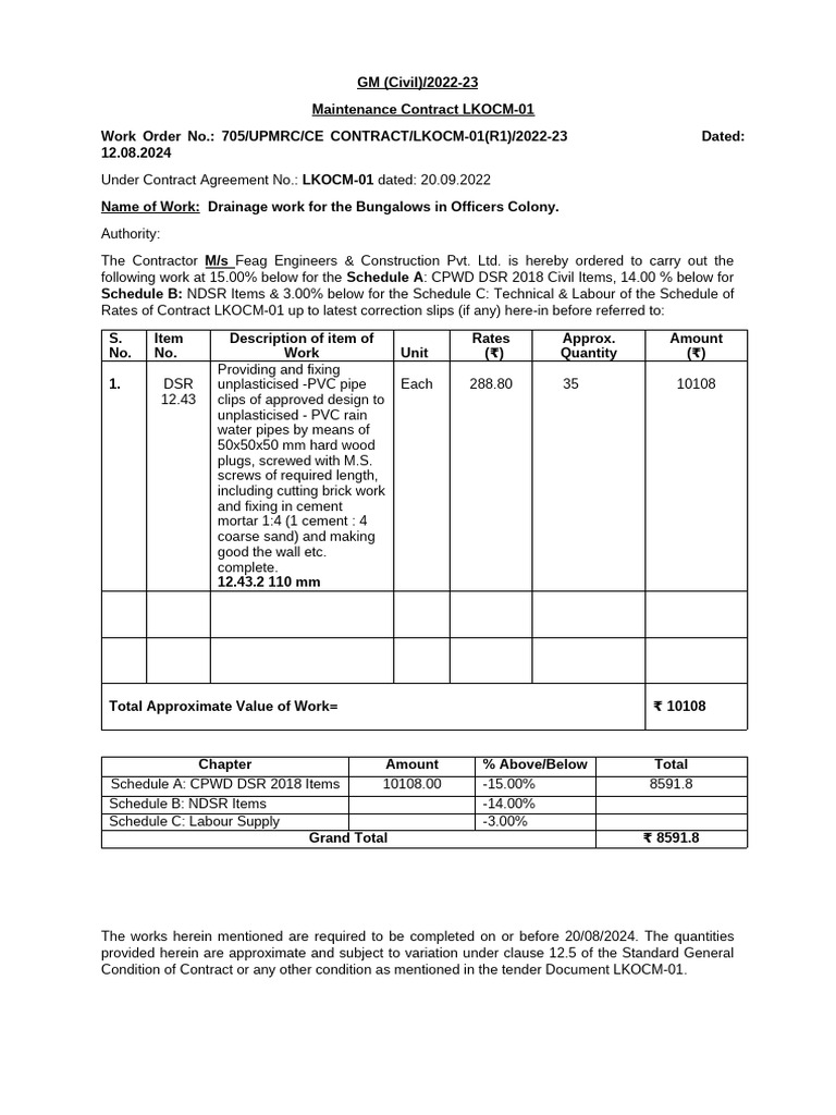 Work Order For Drainage at Bungalow | PDF | Building Materials