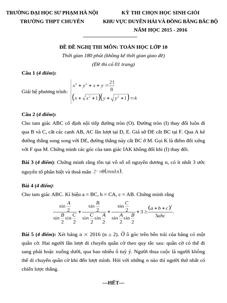 DHBB de Toan 10 2016 | PDF