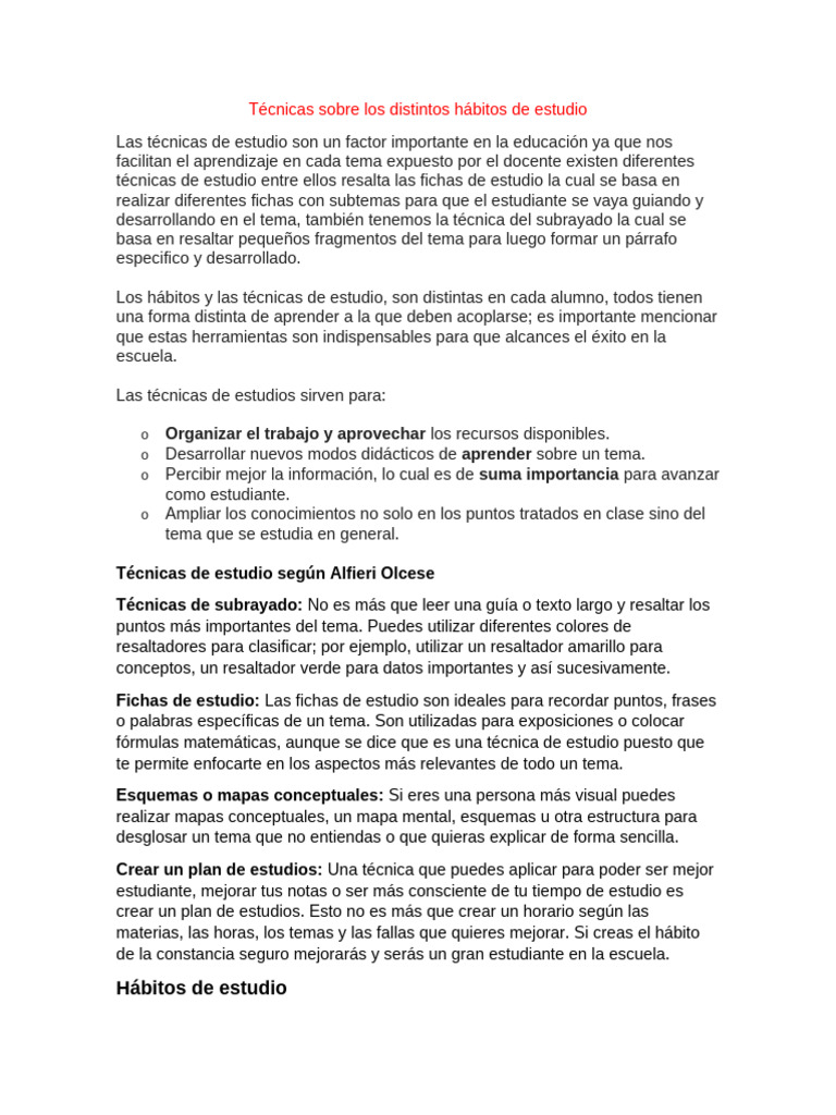Técnicas sobre los distintos hábitos de estudio | PDF | Habilidades de ...