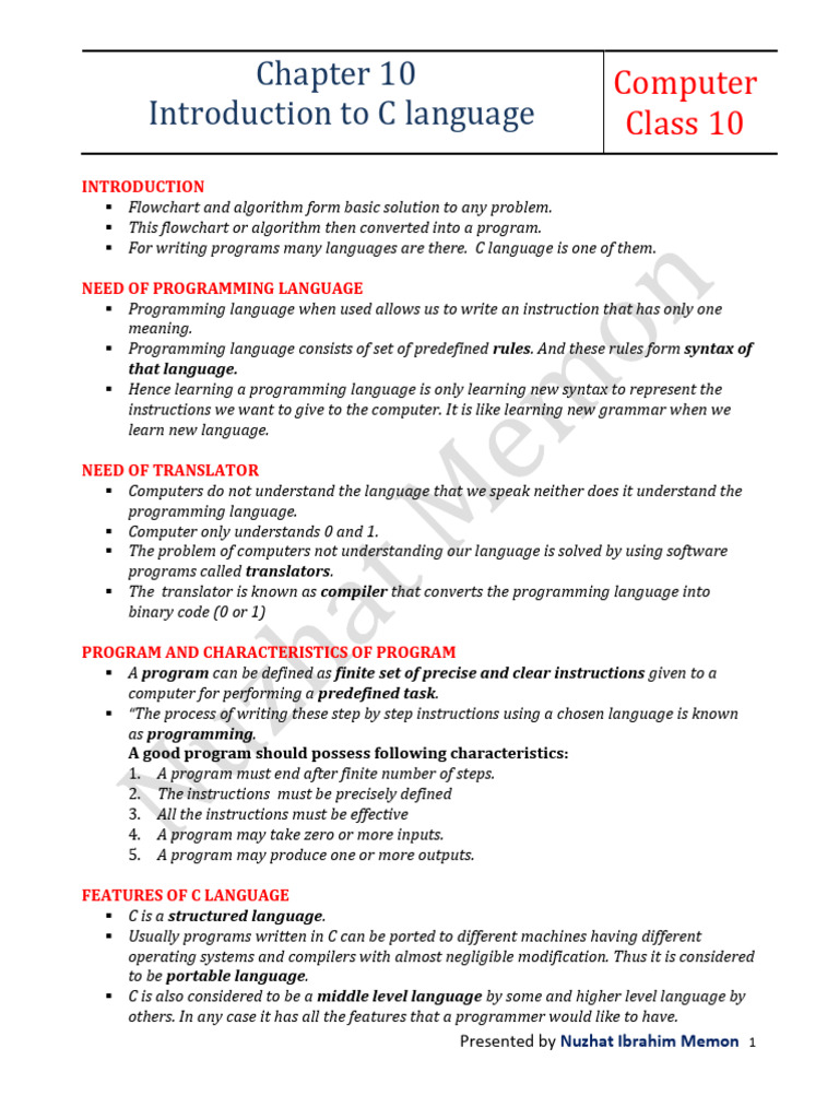 Std-10-Computer - Chapter 10 Introduction To C Language | PDF ...