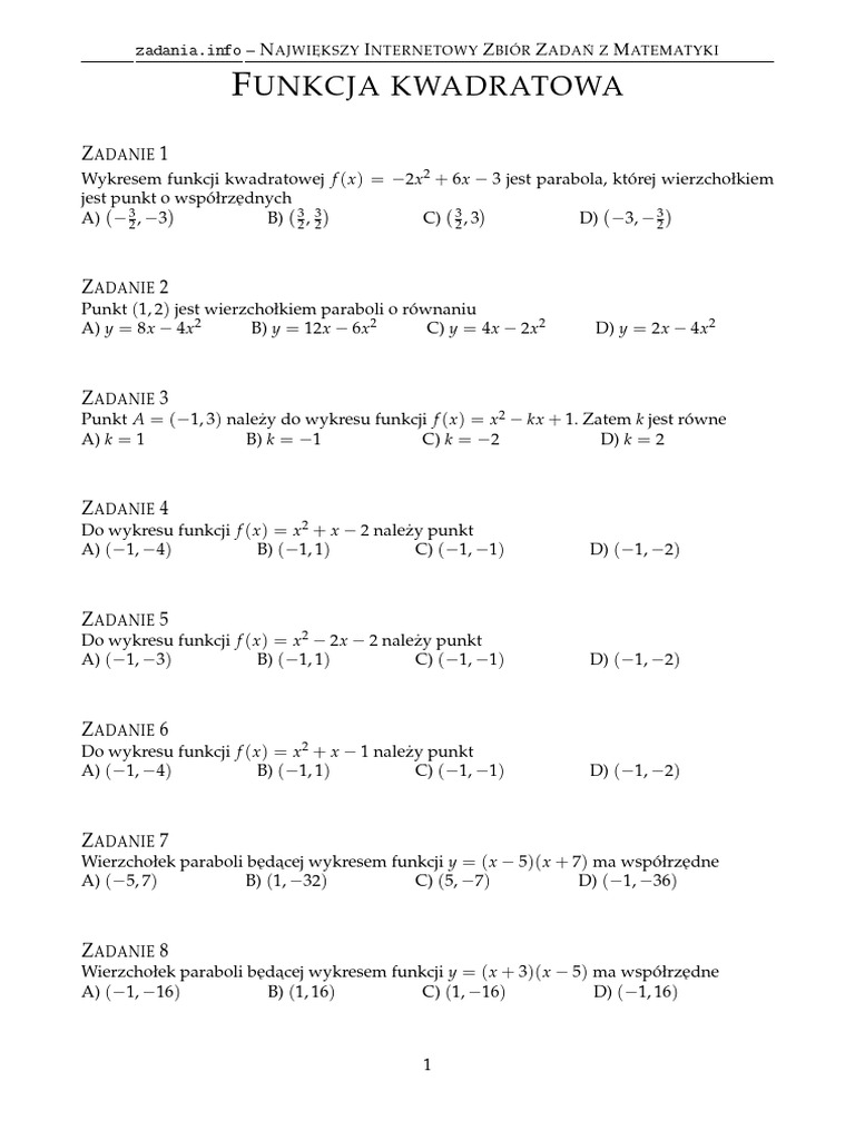 Funkcja kwadratowa - zadania | PDF