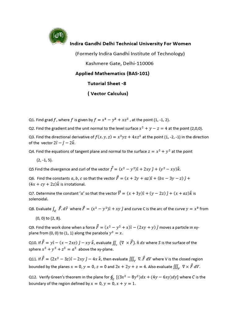 Tutorial Sheet 8 (Vector Calculus) | PDF | Linear Algebra | Mathematical Physics