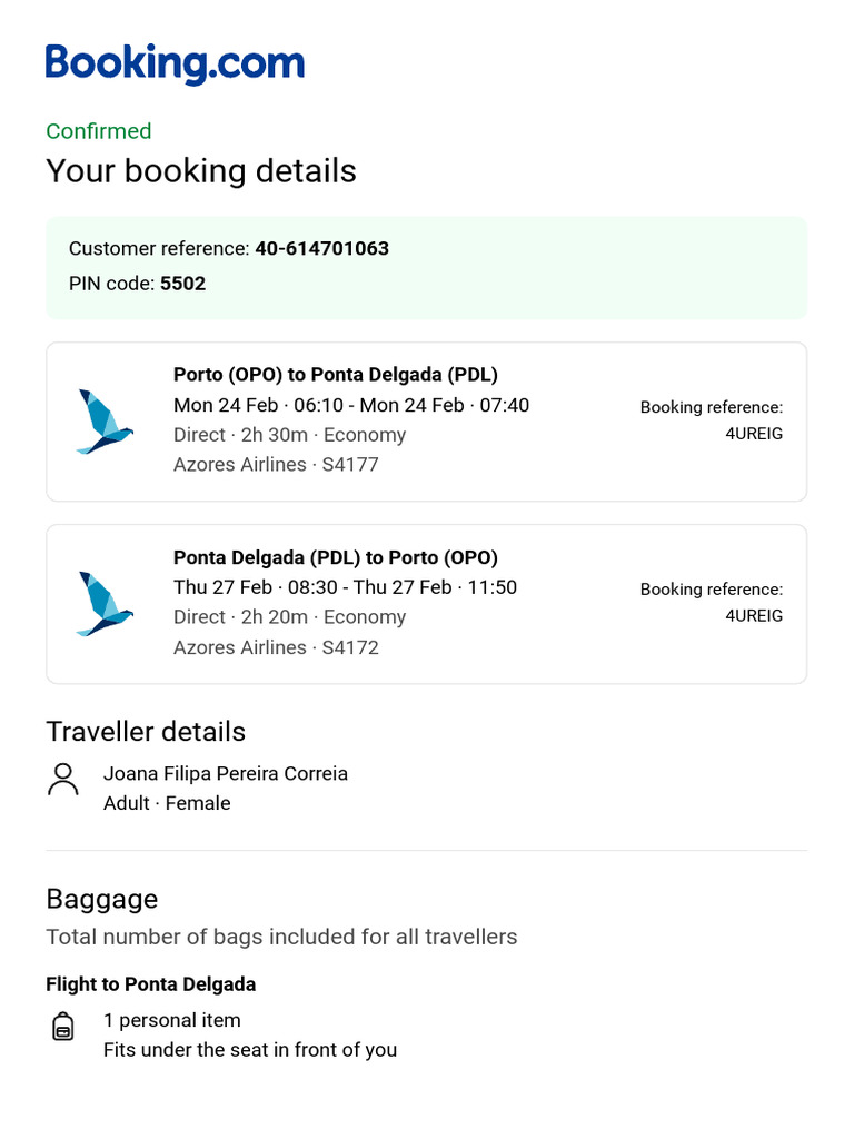 Azores Airlines Booking Confirmation | PDF