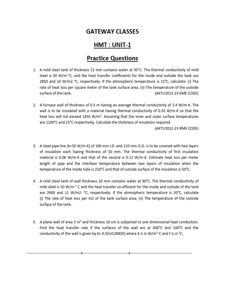 HMT UNIT-1 Practice Questions - 42704547 - 2024 - 12 - 09 - 22 - 49 | PDF | Heat Transfer ...