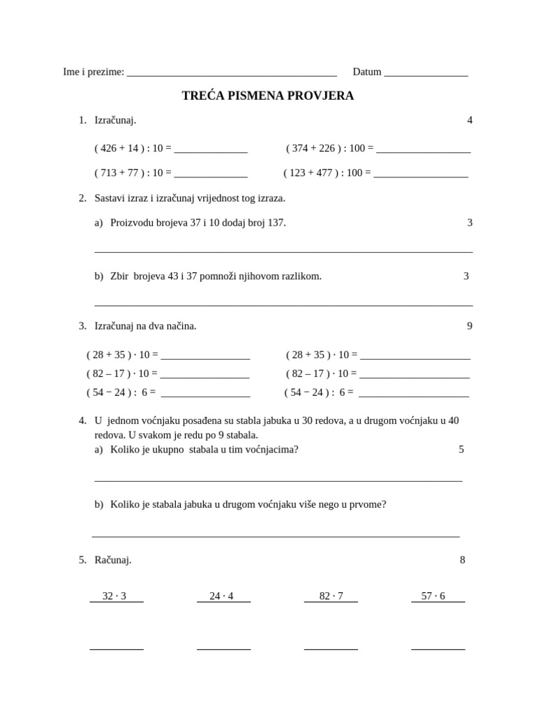 Pismena Provjera M - M | PDF